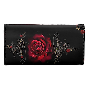 Howilath Red Rose Flower Pattern Women Trifold Wallet Large Capacity Credit Card Holder Organizer Clutch Purse Travel Money Bags