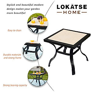 LOKATSE HOME 21" Outdoor Square Patio Dining Table Metal Steel Legs with Ceramics Top, Black