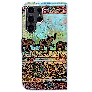 Bcov Galaxy S23 Ultra Case, Tribal Elephants Pattern Leather Flip Phone Case Wallet Cover with Card Slot Holder Kickstand for Samsung Galaxy S23 Ultra