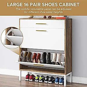 Tribesigns Shoe Cabinet 16 Pairs, Modern Slim 3 Flip Drawers Shoes Rack Storage Organizer with Coat Shelf, White Sneaker Holder Stand with Doors Thin Tipping Shoe Storage Cabinet for Entryway, Hallway