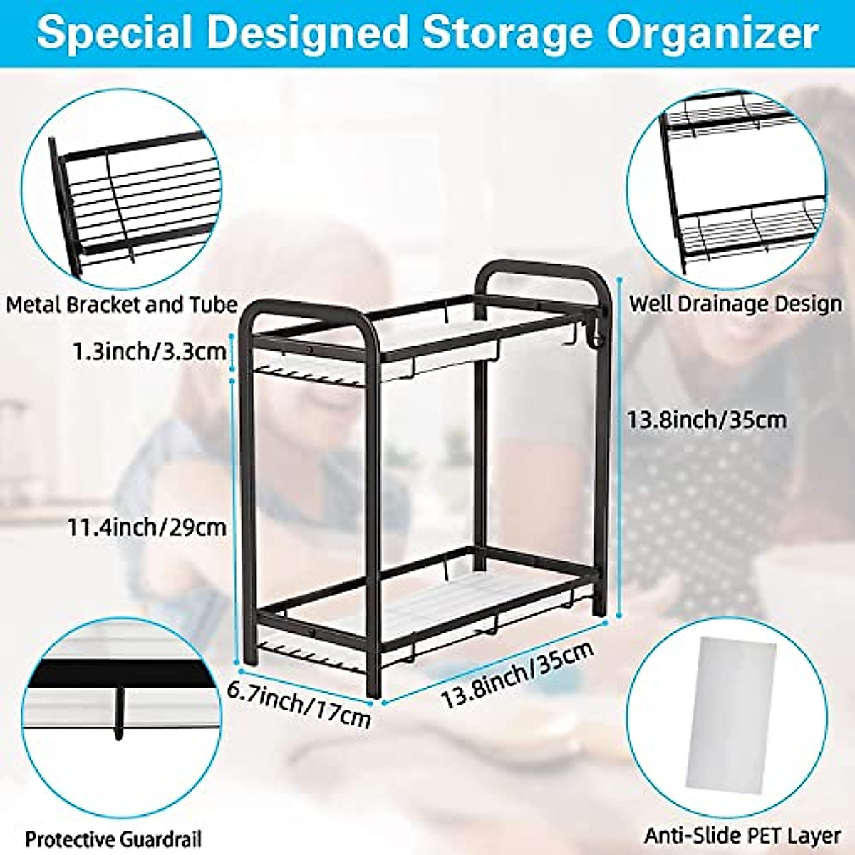 Bathroom Organizer Countertop, Mimieyes 2 Tiers Bathroom Tray Counter Organizer, All Metal Spice Rack Kitchen Storage and Organizer Under Sink and Cabinet,Vanity Tray Standing Rack Counter Shelf-Black