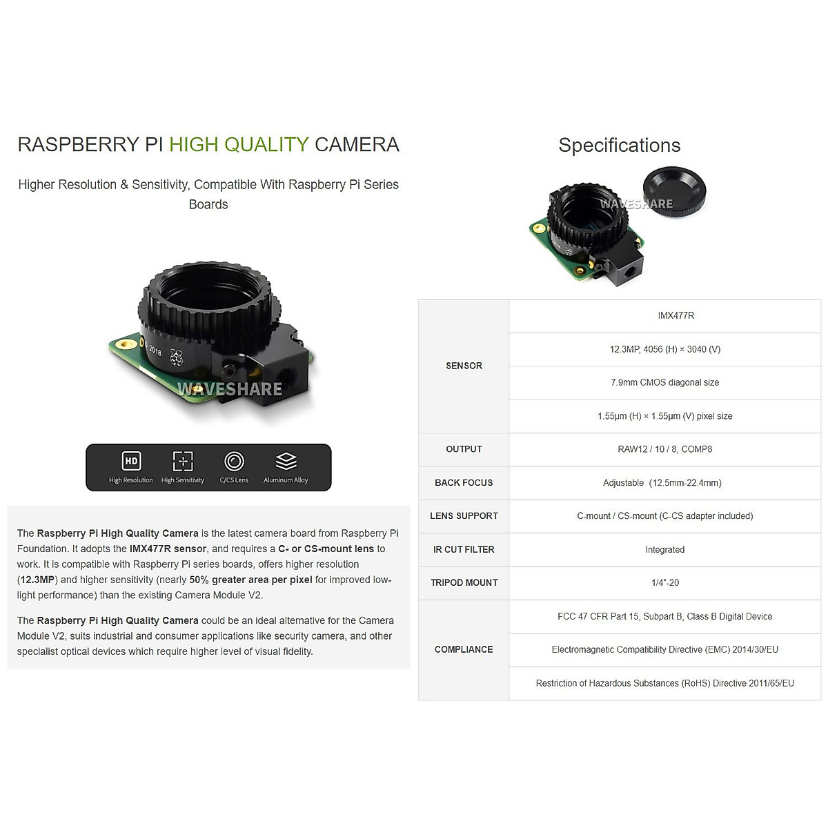 waveshare Accessory Compatible with Raspberry Pi HQ Camera 12.3MP IMX477 Sensor High Sensitivity Supports C- and CS-Mount Lenses Comes with a RPi Zero V1.3 Camera Cable 15cm