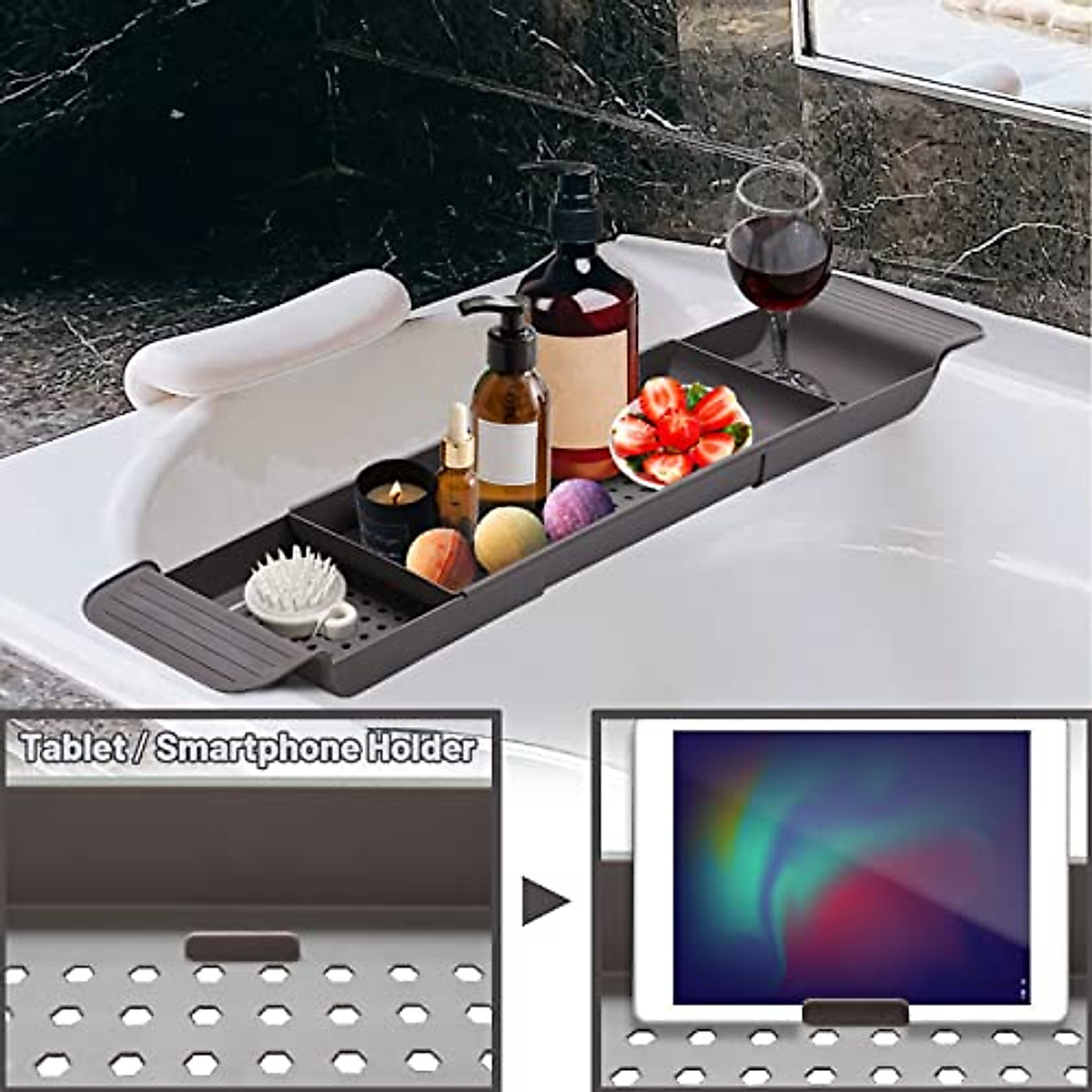 2 Pack Expandable Caddy Bath Tray for Tub, Multifunctional Drain Bathtub Shelf with Non-Slip Extending Grip for Tub Against Wall, Kitchen Dish Drying, Tub Organizer with Foldable Storage Baskets
