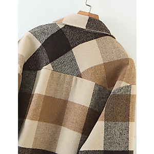 UANEO Womens Plaid Shacket Button Down Wool Blend Fall Flannel Shirt Jacket (Brown-L)