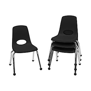 FDP 14" School Stack Chair, Stacking Student Seat with Chromed Steel Legs and Ball Glides; for in-Home Learning or Classroom - Black (4-Pack), 10380-BK