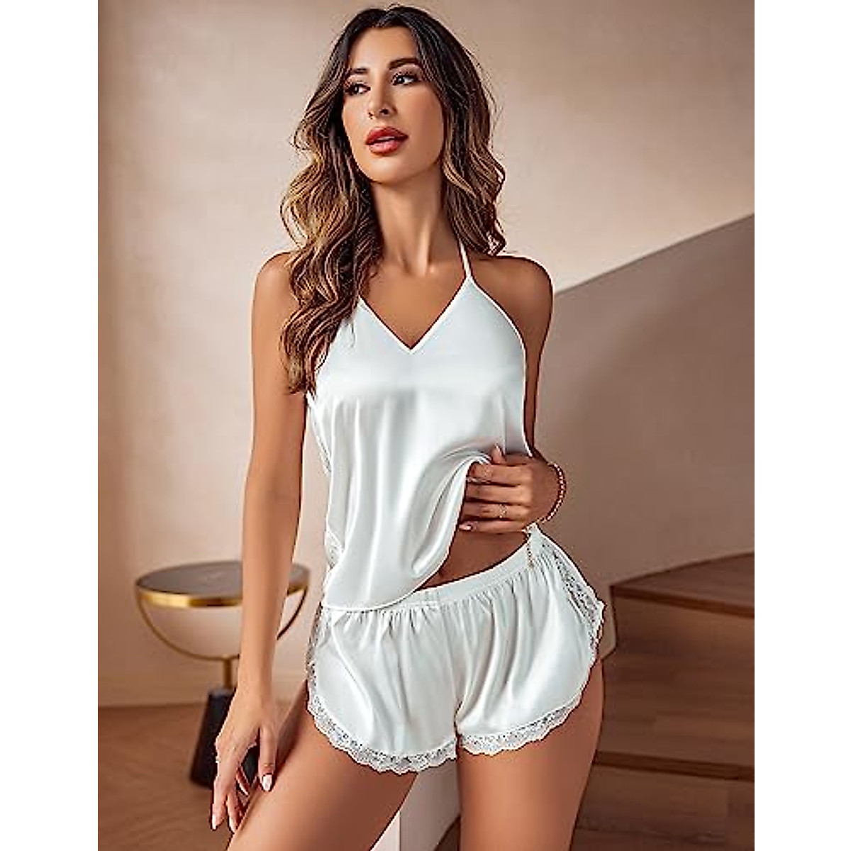 Avidlove Lingerie for Women Pajama Silk Sleepwear Shorts PJ Sets (White, Medium)