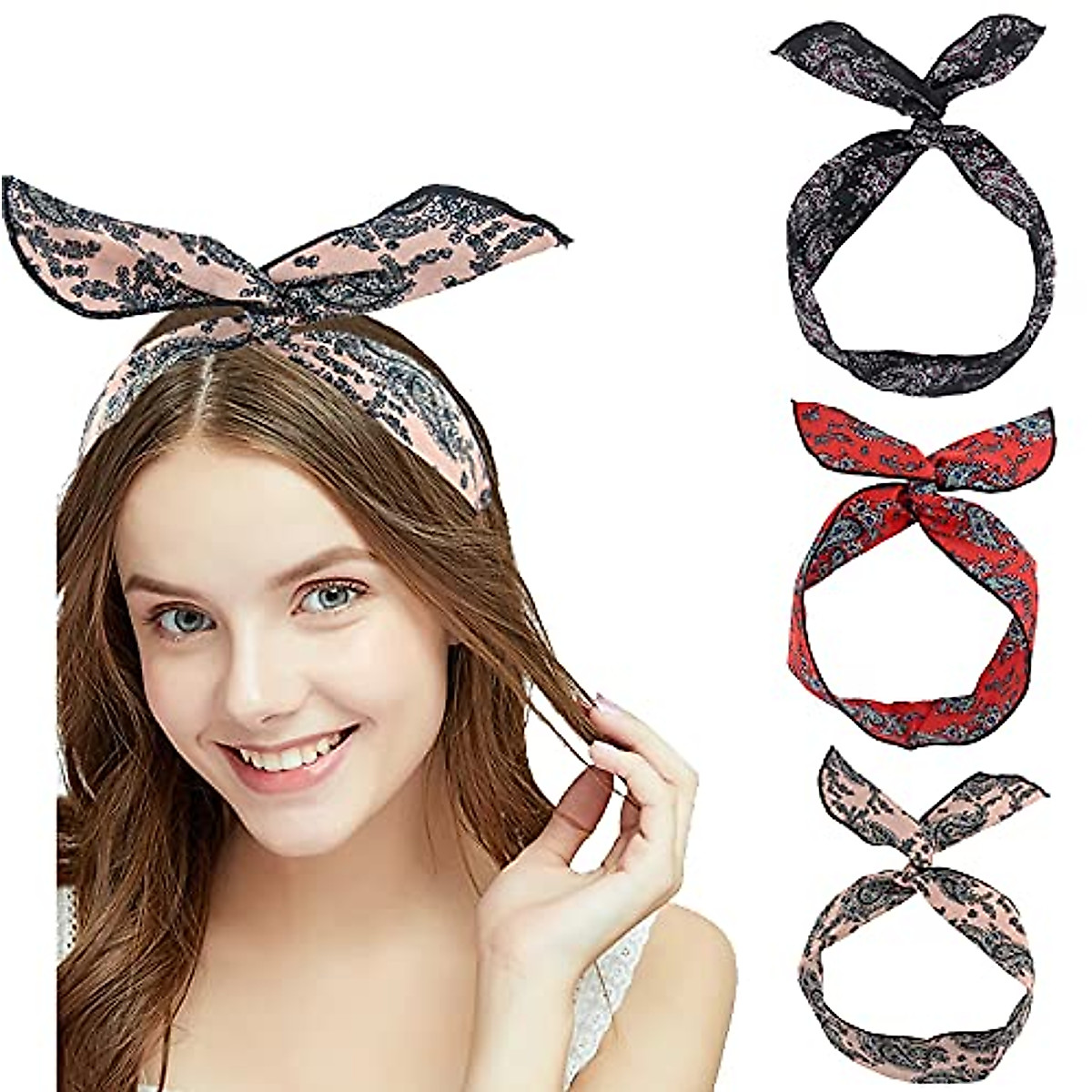 Carede Twist Wire Headbands for Women Retro Paisley Bandana Scarves Flower Leaf Print Head wrap Rabbit ears Bow Hairbands Hair Holder Hair Accessory,Pack of 9