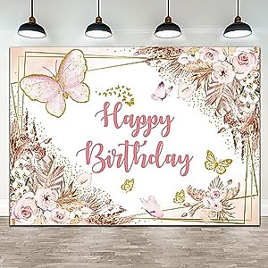 Wollmix Butterfly Happy Birthday Banner Backdrop Decorations 7x5ft Party Sweet 16 Girls Women Pink Florals Flowers Gold Dots Photography Background Supplies Photo Booth Studio Cake Table
