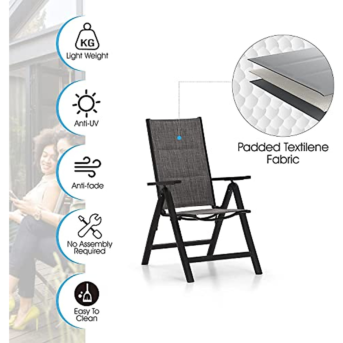 PHI VILLA Outdoor Folding Patio Dining Chairs Set of 4, Adjustable Padded Portable Reclining Patio Chairs Aluminum for Garden,Yard and Deck, Dark Grey