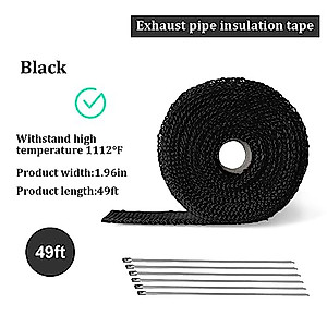 AICEL Exhaust Heat Wrap Roll, Heat Insulation Wrap Tape for Exhaust Pipes, 2" x 50' Fiberglass Heat Shield Tape with 6 Stainless Steel Locking Ties, Compatible with Car Motorcycle and More