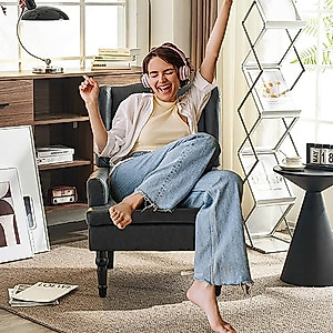 LOVSPATIO Faux Leather Accent Chair, Mid-Century Upholstered Living Room Chairs, Comfy Single Recliner Sofa with Arm and Wood Legs for Bedroom Waiting Room Office - Grey