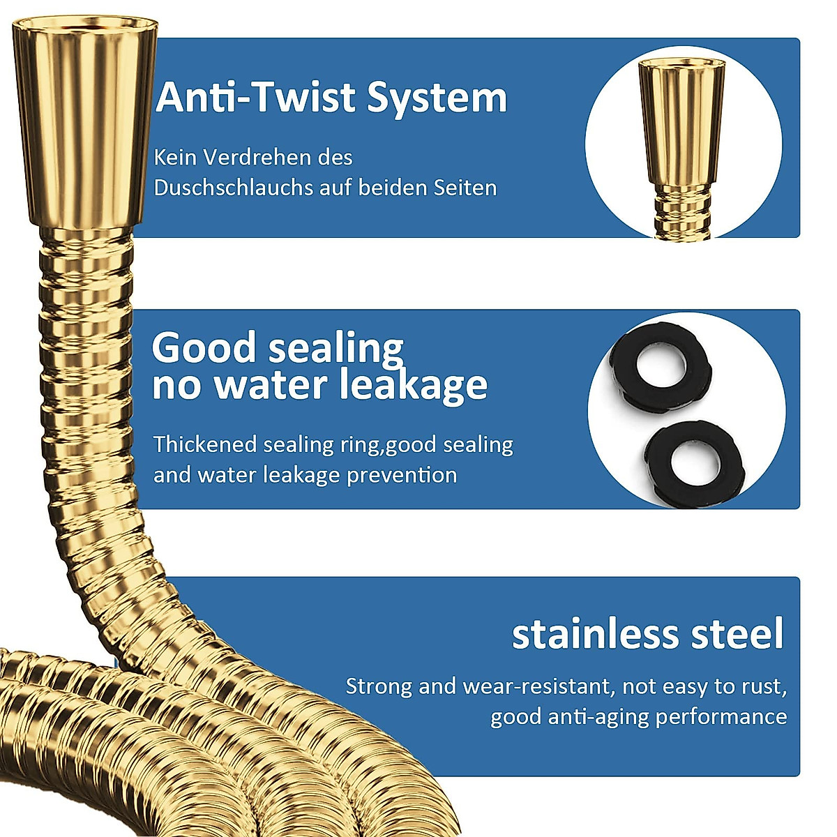 Oupukle Shower Hose Stainless Steel Handheld Shower Head Hose with Brass Insert and Nut - Durable and Flexible (60 Inches, Brushed Gold)