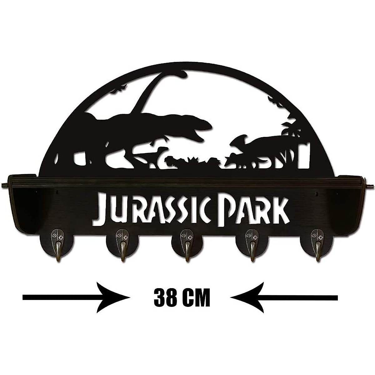 Dinosaur Theme Park World ，Hat Rack Key Hook Coat Hook Towel Holder, with 5 Metal Hooks, Clothes Hook, Kitchen Shelf, Wooden Storage Shelf,Black,16 Inch, 11 Lbs