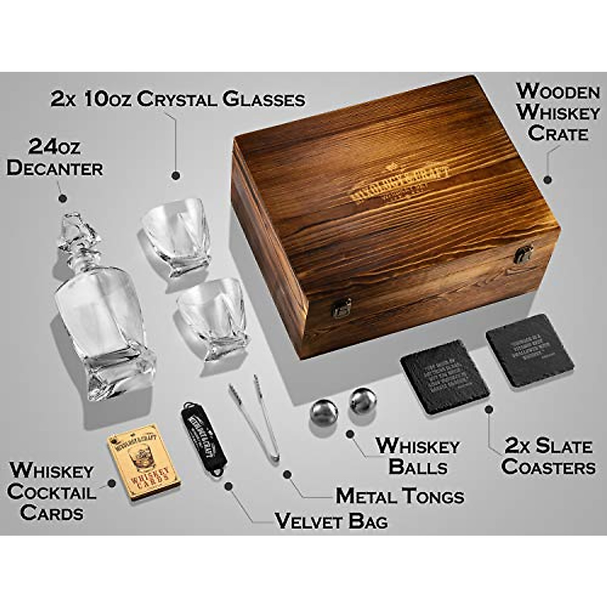 Mixology Glass & Whiskey Stones Set – two 10oz Glasses w/ 2 Stainless Steel Balls, Decanter & Wooden Box