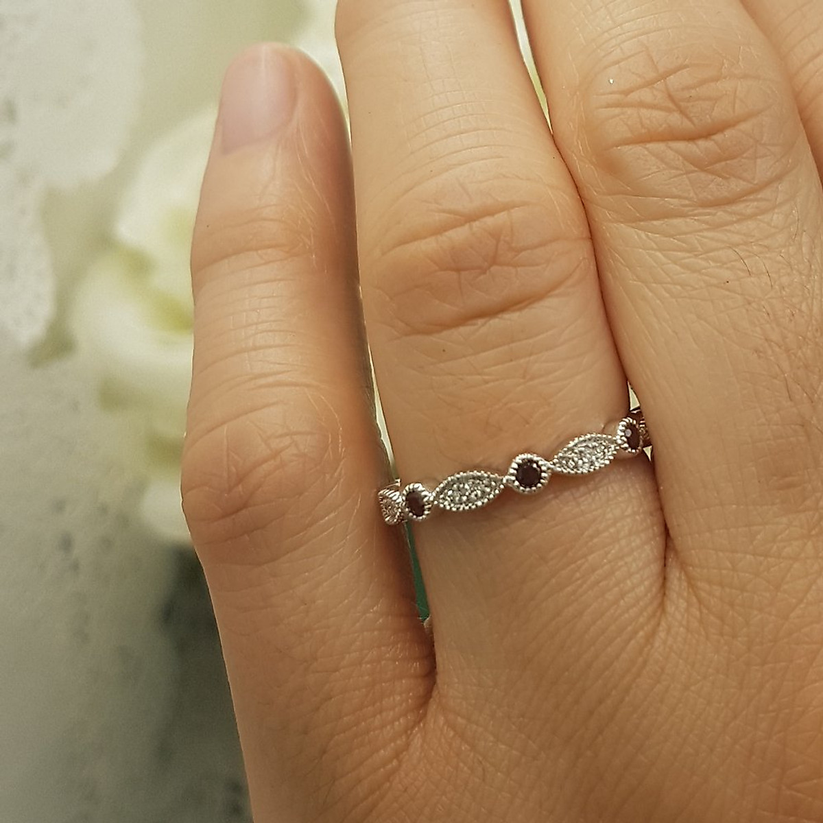 Dazzlingrock Collection Alternating Round Garnet & White Diamond 7 Stone Stackable Wedding Band Ring for Women in 14K White Gold, Size 7