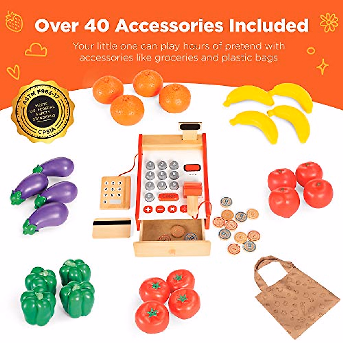 Best Choice Products Pretend Play Grocery Store Wooden Supermarket Toy Set for Kids w/Play Food, Chalkboard, Cash Register, Working Conveyor - Red