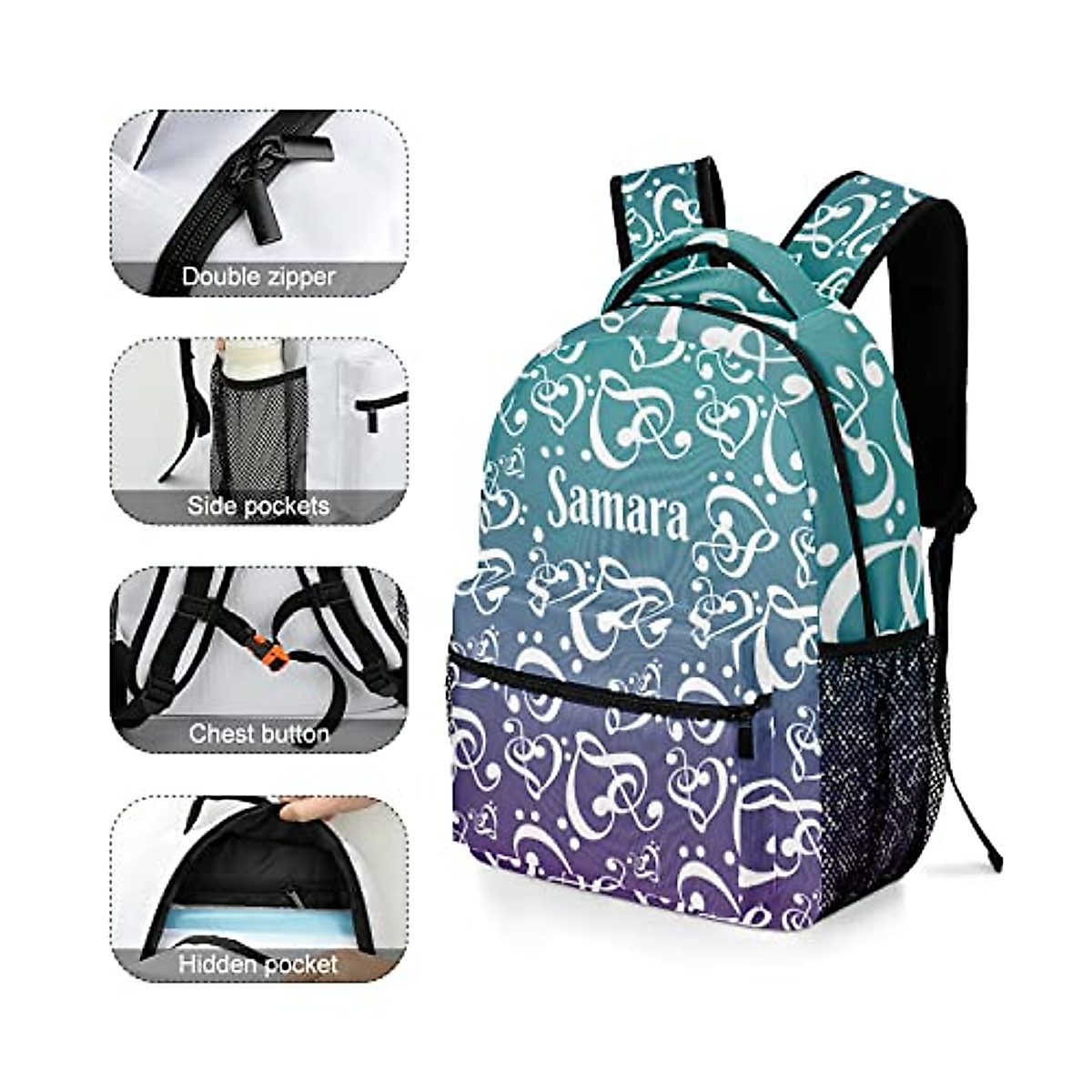 Eiis Purple Teal Clef Hearts Music Notes Personalized School Backpack for Teen Kid-Boy /Girl Primary Daypack Travel Bookbag