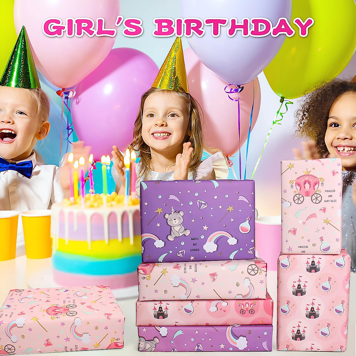 Edunass Wrapping Paper Girls Birthday Wrapping Paper Sheets,Purple Castle Pink Gift Wrapping Paper Set Gift Wrap Birthday Paper(6 Sheets 28" Lx20 W per Sheet)