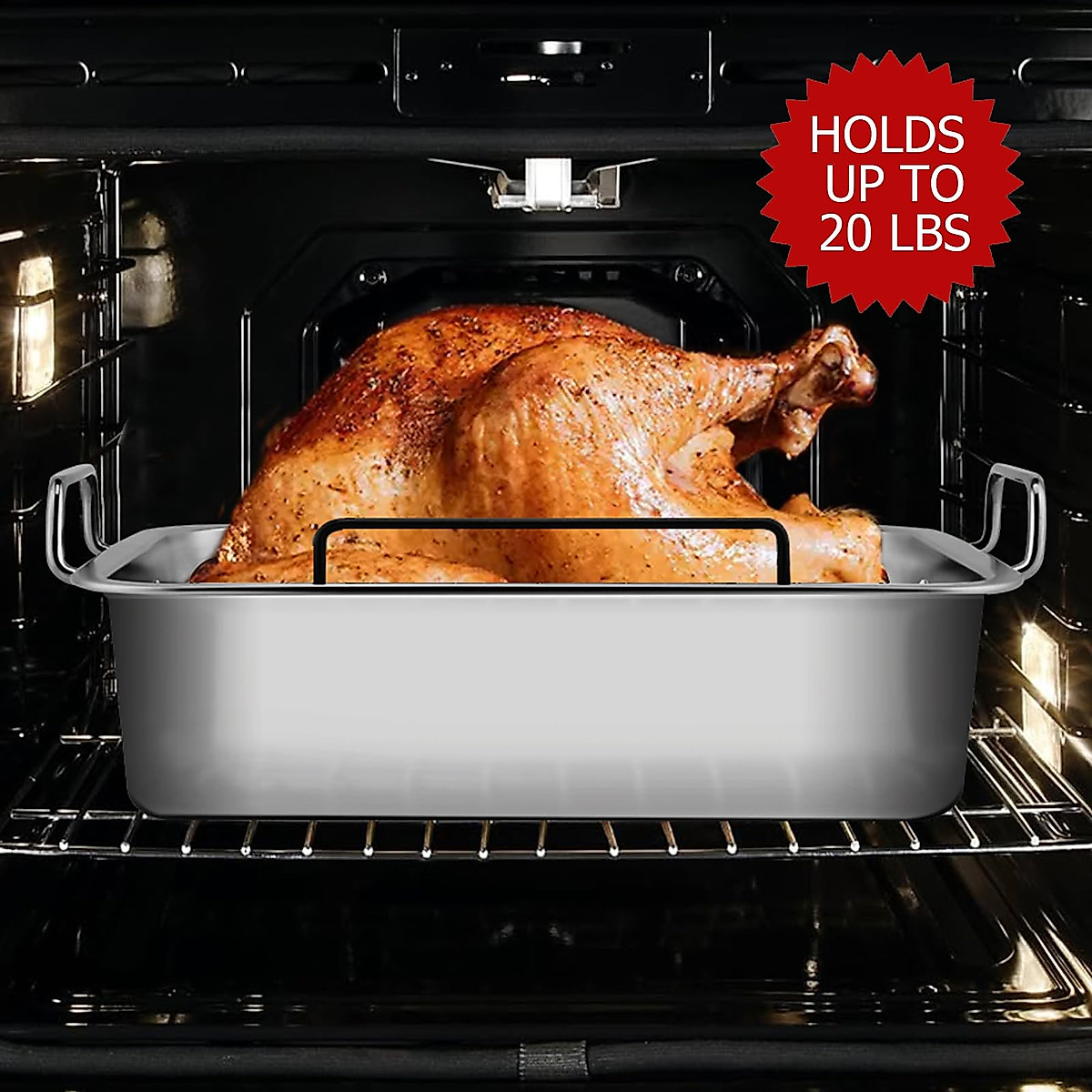 Hillbond Stainless Steel Roasting Pan with Rack 16 Inch Turkey Roaster Pan with U-Shaped Rack Flat Rack Turkey Lifting Forks for Turkey, Chicken, Vegetables Set of 5
