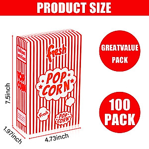 Dualshine 100 Pack Popcorn Boxes,1.25 oz Paper Popcorn Containers,Red and White Striped Close-Top Cardboard Pop Corners Bags Individual Servings for Theater Night Movie,Party,Christmas