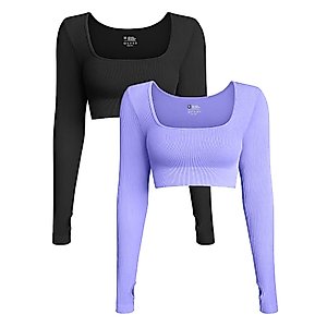 OQQ Women's 2 Piece Crop Top Ribbed Seamless Workout Exercise Long Sleeve Crop Tops Black Purple