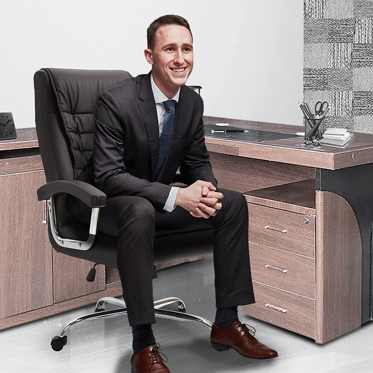 Halter Ergonomic Office Chair for Home Office Desk, Luxury Leather Bonded Executive Chair, Adjustable Height, Padded Comfy Seat, High Back Lumbar Support, Computer Chair for All Day Comfort, Black