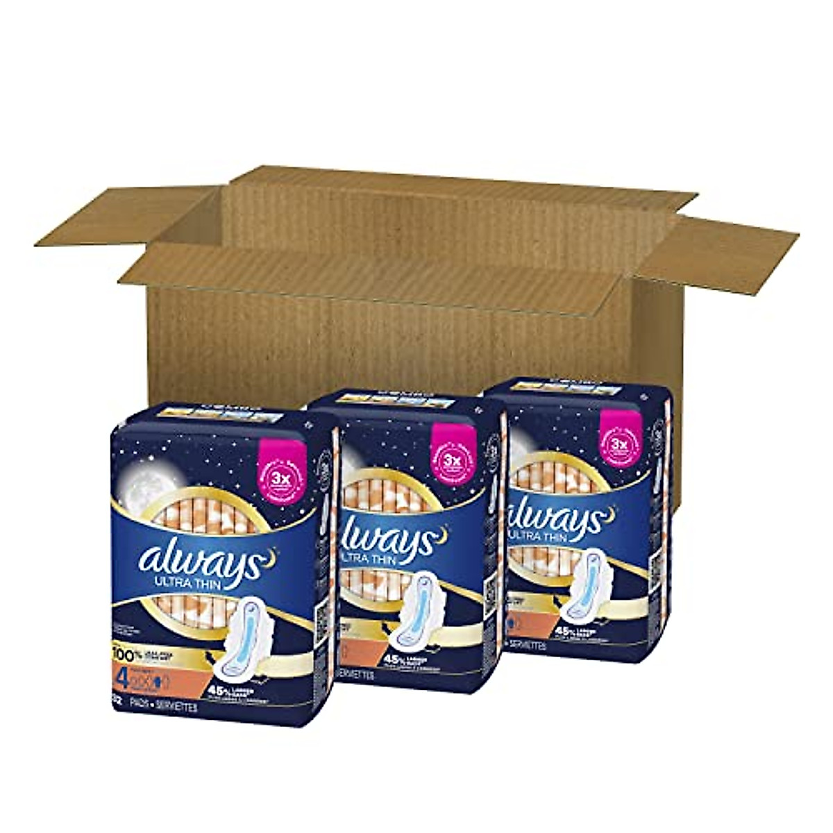 Always Ultra Thin Overnight Pads with Wings, Size 4, Overnight, 96 Count