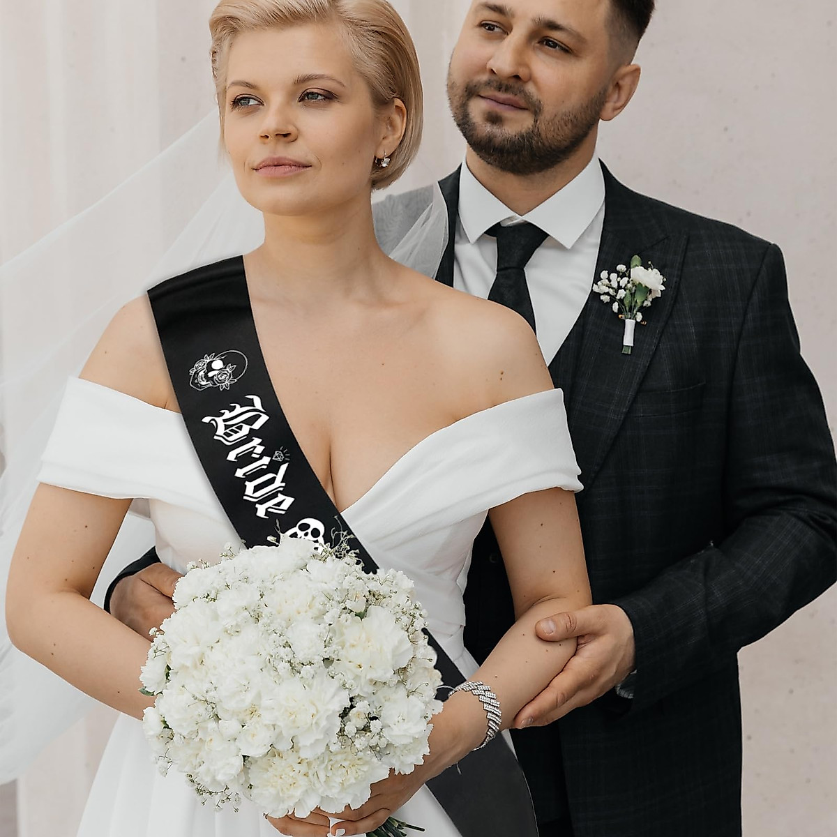 Gothic Bride or Die Sash with White Printed, Black Bride to Be Bachelorette Sash for Hen Party Bridal Shower Engagement Wedding Party Decorations Supplies Accessories Favors Gift (Black+White)