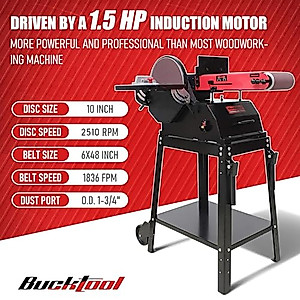 BUCKTOOL Powerful 1-1/2 HP Bench Belt Sander for Wood Working 6 in. x 48 in. Belt and 10 in. Disc Sander with Movable Stand BD61000