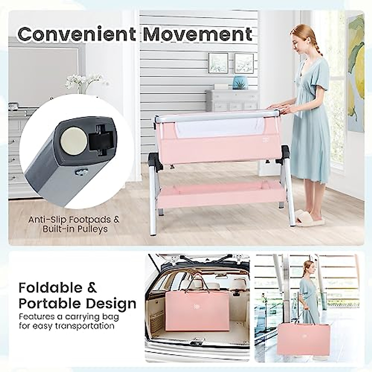 BABY JOY Bassinet, Portable Bedside Crib w/Mattress, Storage Basket, Built-in Pulleys, Adjustable Height & Travel Bag, Bassinet Bedside Sleeper for Newborn Infants (Pink)