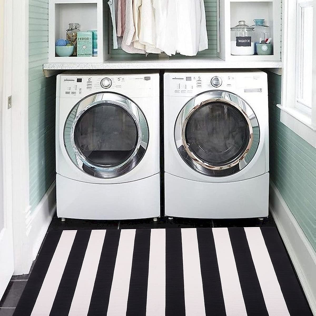 Black Stripe Outdoor Runner Rug Cotton Woven Floor Throw Carpet Mat Washable Front Door Entryway Doormat for Layered Door Mats Porch Farmhouse Entryway-35.4" x59