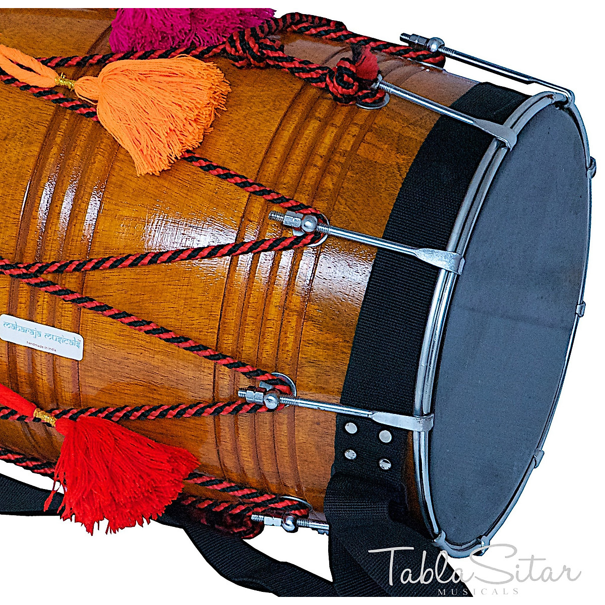 Dhol Drum by Maharaja Musicals, Mango Wood, Natural, Barrel Shaped, Padded Bag, Beaters, Nylon Shoulder Strap, Punjabi Bhangra Dhol Musical Instrument (PDI-GE)