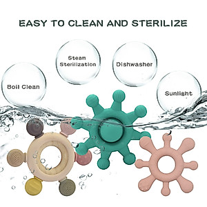 Baby Teething Toys Silicone Chewable Teethers BPA Free Silicone Rudder with Removable Wooden Ring for Soothing Babies Gums Teethers for Babies 0-24 Months (Beige,6 Directions)