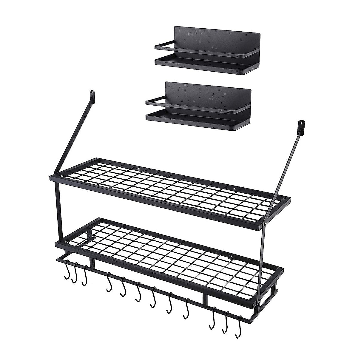 KES 30-Inch 2-Tier Kitchen Pan Pot Rack Hanging Storage Organizer with 12 Hooks and 2 Pack Magnetic Spice Rack for Refrigerator Matte Black, KUR215S75B-BK+KRR502-BK-P2