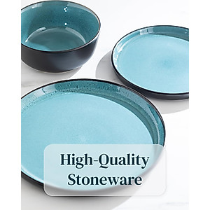 12 Piece Dinnerware Sets for 4 - Modern Style Stoneware Dinnerware Set - Scratch Resistant, Dishwasher Safe Plates and Bowls Sets Ceramic, Dish Set, Bowl and Plate Set - Black and Petrol Blue…