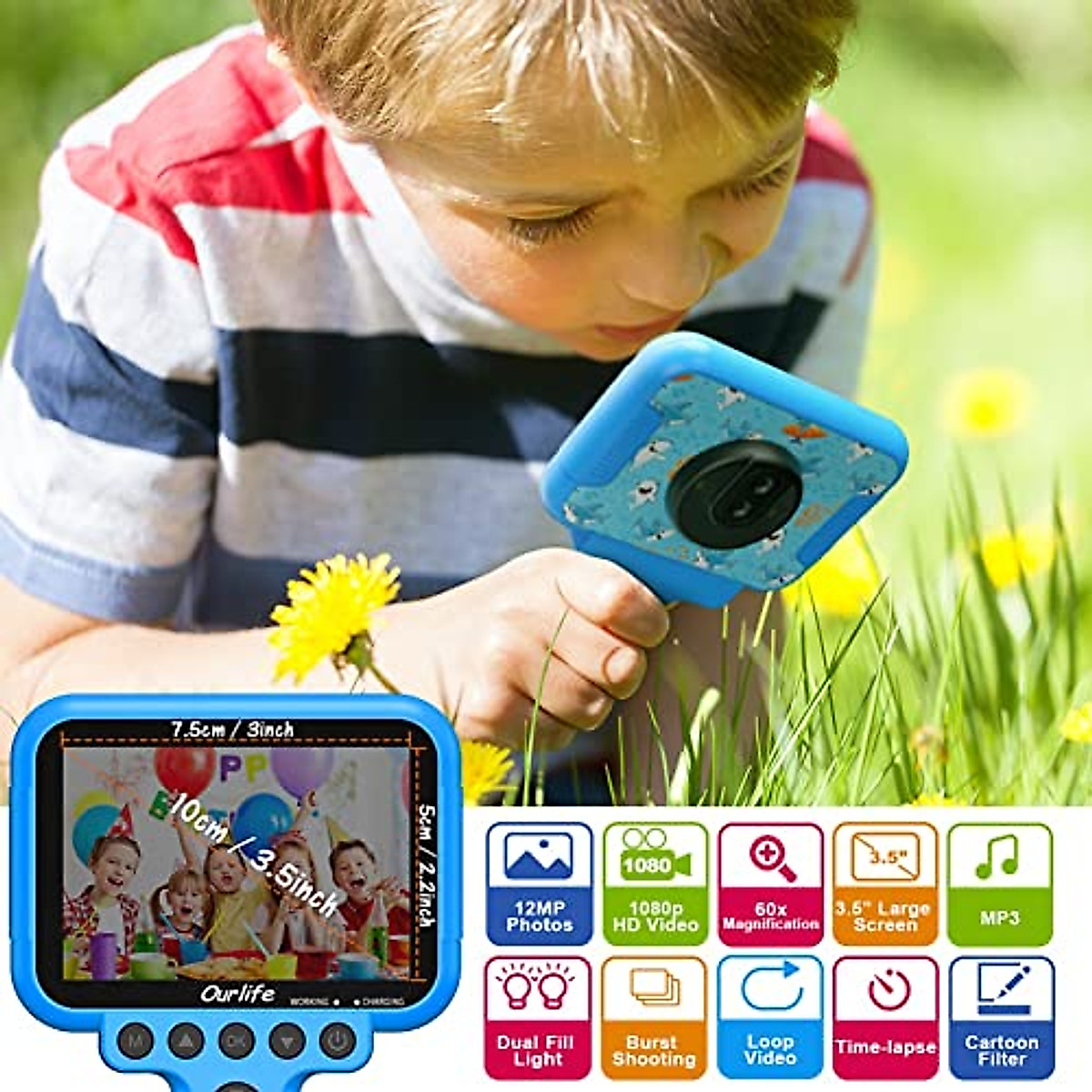 Ourlife Kids Camera for Boys, 1080p FHD 60x Macro Kids Selfie Camera with Magnifier Function, Digital Video Camera - Large 3.5-inch Screen with 16GB TF Card, Excellent Gift for Ages 6+ (Blue)