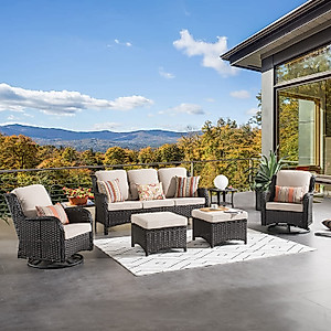 XIZZI Patio Furniture Set with Swivel Rocking Chairs,6 Pieces All Weather Wicker Outdoor Furniture with Sofa,High Back Patio Conversation Set for Balcony,Deck,and Backyard,Brown Rattan Beige