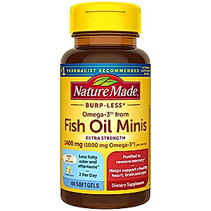 Nature Made Extra Strength Burp Less Omega 3 Fish Oil 1400 mg Minis, Fish Oil Supplements as Ethyl Esters for Healthy Heart, Brain and Eyes Support, Omega 3 Supplement, 60 Softgels, 30 Day Supply