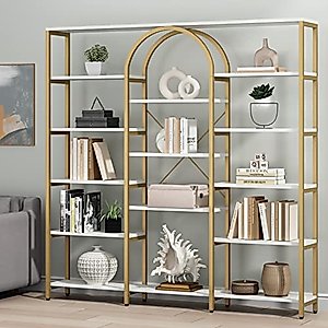 Gyfimoie Triple Wide Gold Bookshelf, 70.87" W x 71.34" H Large Modern Etagere Bookcase, Tall Display Shelf with 13-Tier Open Shelves, Freestanding Staggered Storage Shelf for Home Office (White/Gold)