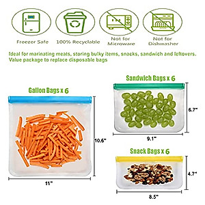 Reusable Food Storage Bags, 18 Pack BPA Free Reusable Freezer Bags, Leakproof Storage Bag for Food (6 reusable gallon bags & 6 reusable sandwich bags & 6 reusable snack bags)
