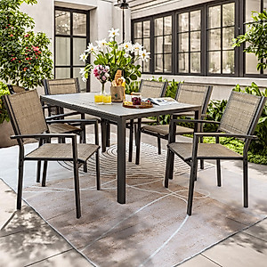 JUMMICO Outdoor Dining Set 7 Piece Patio Furniture Set with Weather Resistant Table and 6 Textilene Chairs for Yard, Deck and Poolside (Brown)