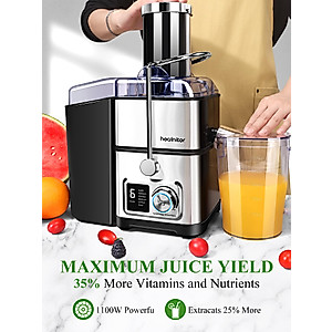1100W 6-SPEED Digital Screen Centrifugal Juicer Machines Vegetable and Fruit, Healnitor Juice Extractor with 3.5" Big Wide Chute, Easy Clean, Anti-Drip Function, BPA-Free, Silver
