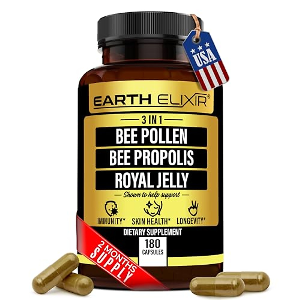 Earth Elixir 3-in-1 Bee Pollen Organic 840mg (180 Caps) W/ 840mg Bee Propolis Capsule & 840mg Royal Jelly Capsule - 3rd Party Tested - Bee Pollen Supplement - Organic Bee Pollen Capsule -No Fillers