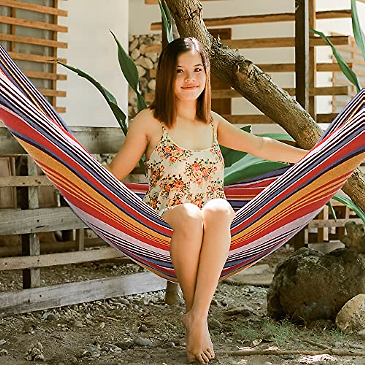 ROOITY Patio Hammock Double Hammocks with Portable Carrying Bag,Soft Woven Fabric, Up to 450 Lbs Hanging for Trees,Garden,Backyard,Porch,Outdoor and Indoor XXX-Large Stripe