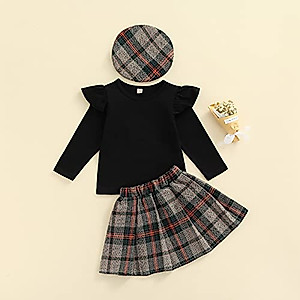 WYOUKID 1-6T Toddler Baby Girls Autumn Outfit Long Sleeve Shirt Tops+Plaid A-Line Skirt+Hat 3Pcs Spring Winter Clothing (Black, 4-5T), WYOUKID-Baby-20