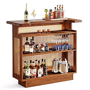 LITTLE TREE Rustic Home Bar Unit, Rattan Bar Table with 4 Tiers Storage, Liquor Wine Bar Cabinet Mini Bar Table for Home Pub Entertaining, Vintage Brown