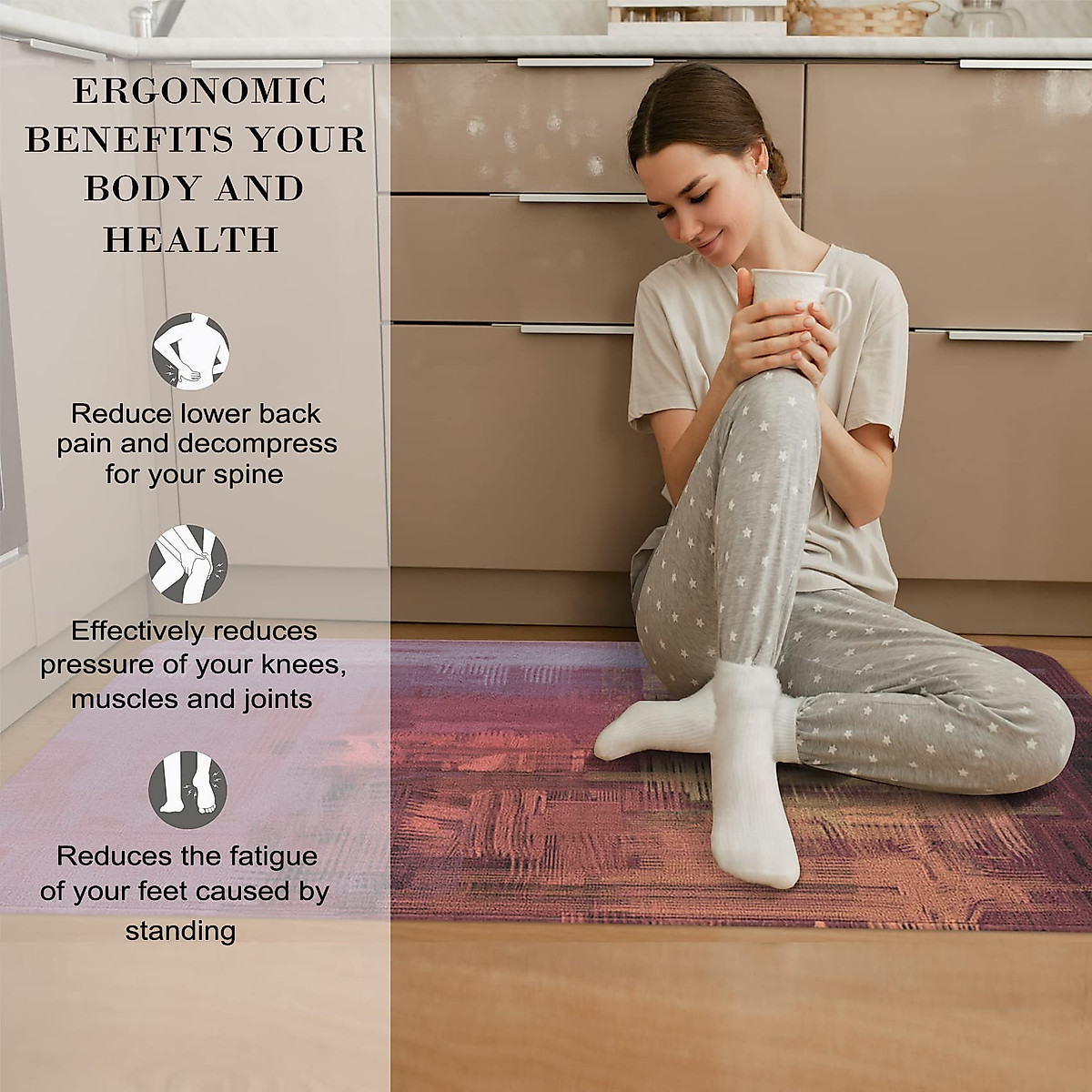 RYANZA 2 Pieces Kitchen Rugs, Abstract Anti Fatigue Non Slip Foam Cushioned Burgundy Red Yellow Comfort Art Modern Indoor Floor Mat Runner Rug Set for Laundry Office Sink Bathroom (16"x48"+16"x24")