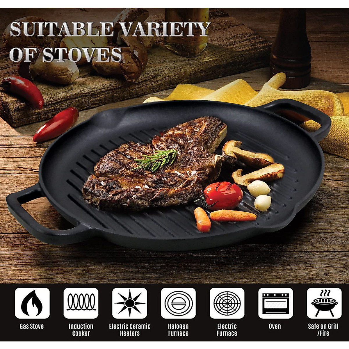 Cast Iron Grill Pan 12.6 inch Pre-Seasoned Cast Iron Griddle pan Dual Handles Cast Iron Skillets for BBQ Round Cast Iron Pan Griddle Pan for any Stove top and all Cooking tops