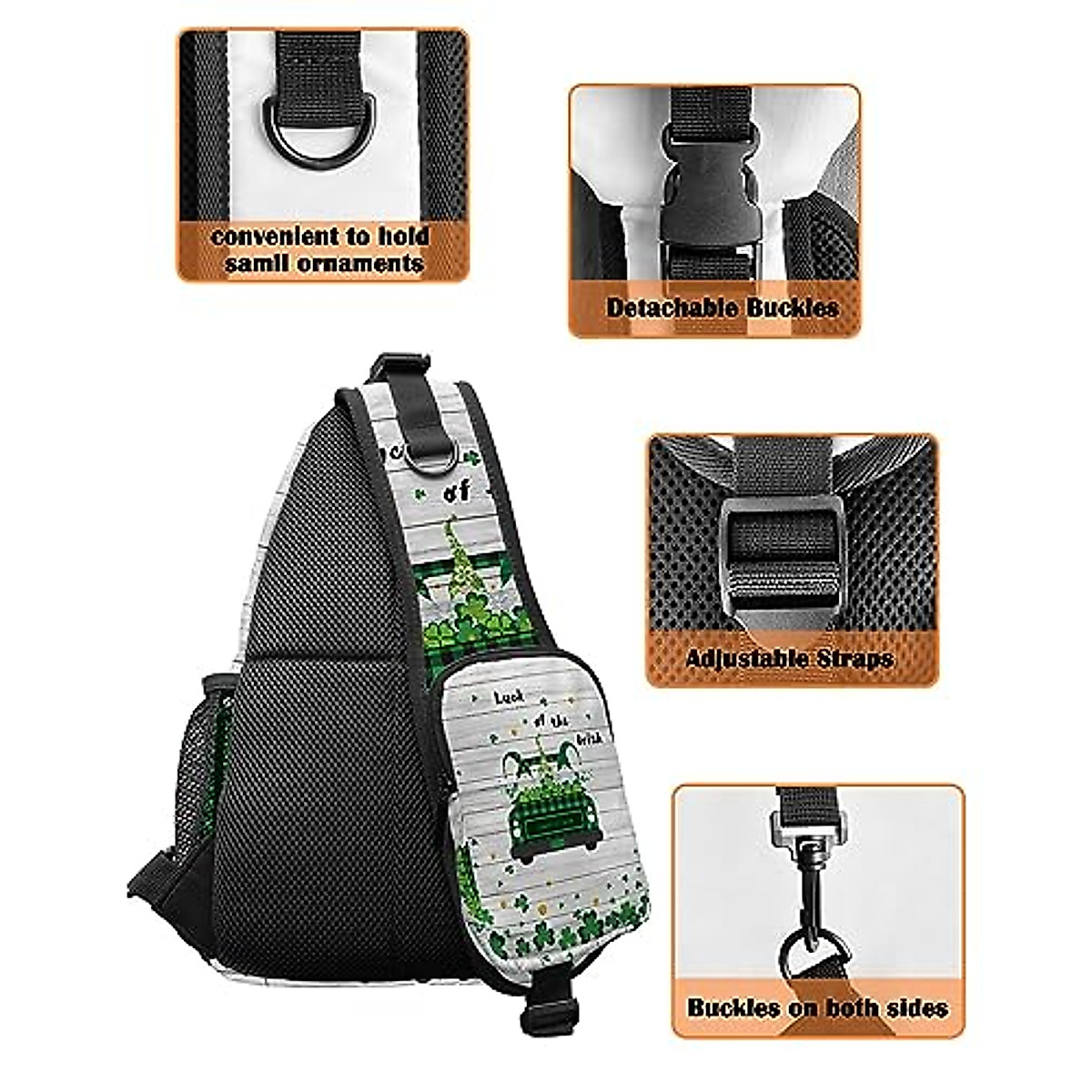 Gsypo Sling Backpack, St. Patrick's Day Luck of The Irish Truck Shamrock and Dwarf Wood Waterproof Lightweight Small Sling Bag, Travel Chest Bag Crossbody Shoulder Bag Hiking Daypack for Women Men