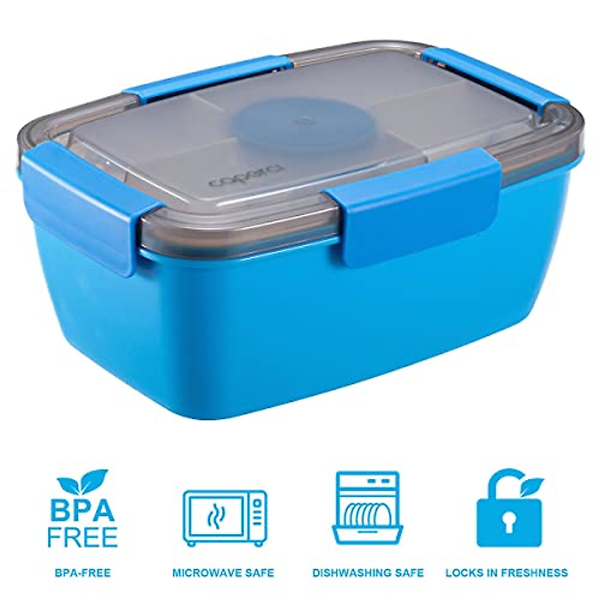 Caperci Salad Lunch Container with 68 oz Salad Bowl - Large Adult Bento Lunch Box, 5-Compartment Bento-Style Tray for Toppings, 2pcs 3-oz Sauce Cups for Dressings, Stackable, BPA-Free (Blue)